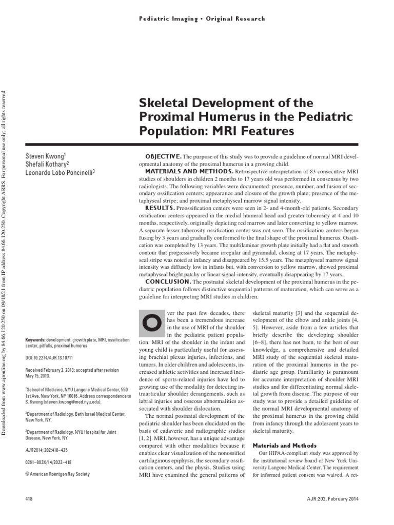 Skeletal Development of The Proximal Humerus in The Pediatric ...