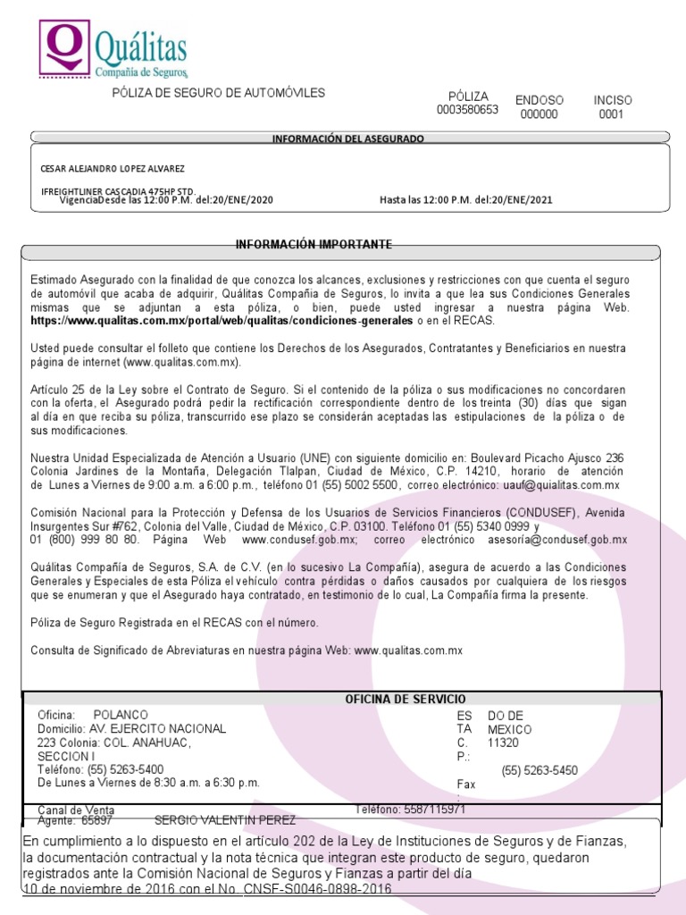 Poliza Qualitas 2020 | PDF | Póliza de seguros | Seguro