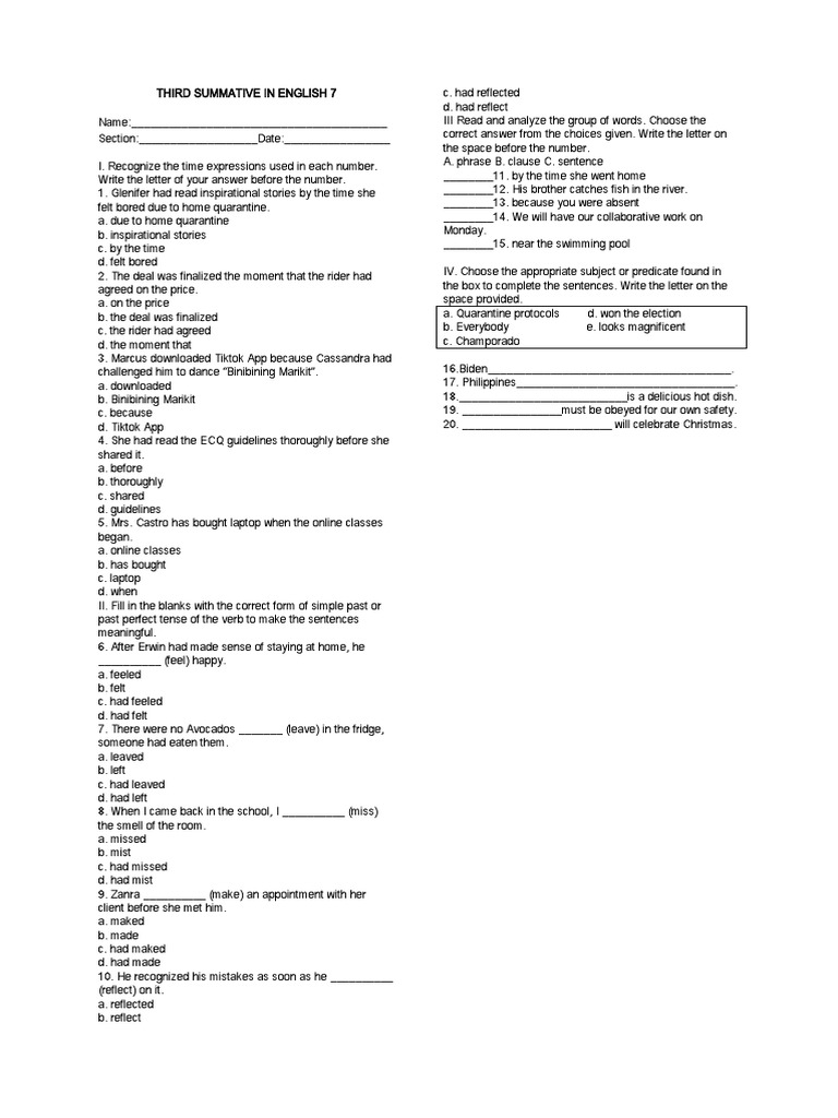 English 7 Summative Assessment Guide | PDF | Sentence (Linguistics ...