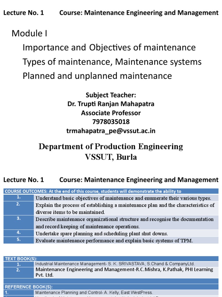 Importance and Objectives of Maintenance Types of Maintenance ...