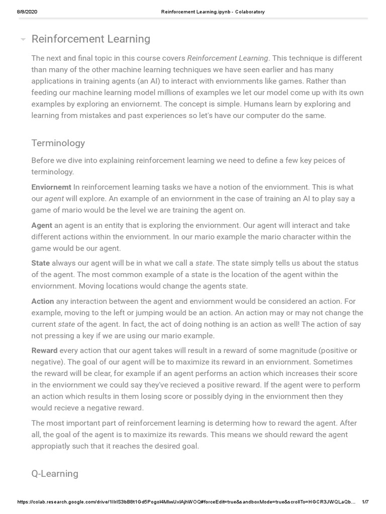 Reinforcement Learning - Ipynb - Colaboratory | PDF | Artificial Intelligence | Intelligence (AI ...
