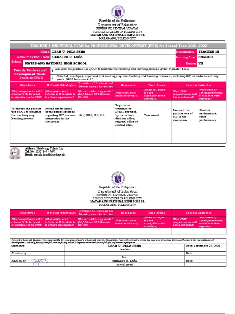Department of Education: Teacher'S Individual Plan For Professional Development (Ippd) For ...