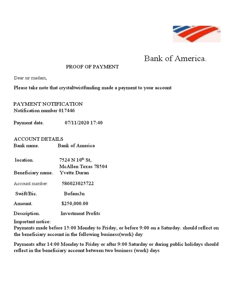 Bank of America.: Payment Notification | PDF