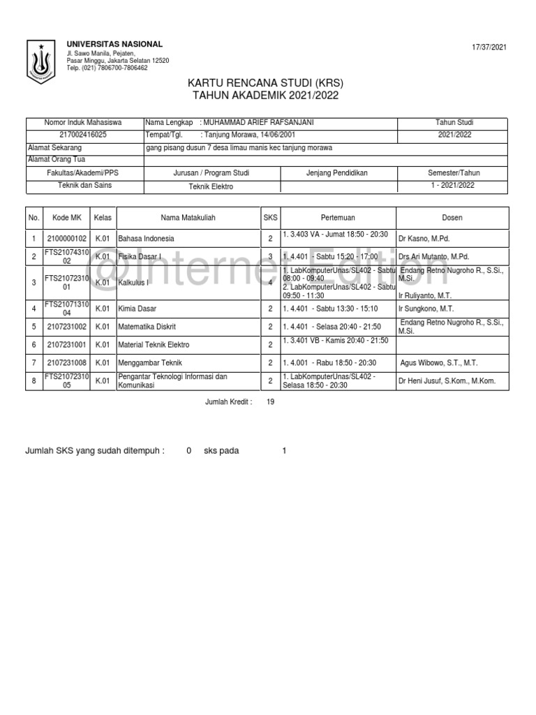 @internet Edition: Kartu Rencana Studi (KRS) TAHUN AKADEMIK 2021/2022 | PDF