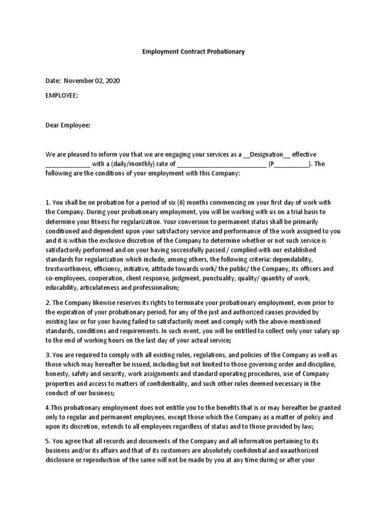 Probationary Employment Contract Details | PDF | Employment | Legal ...