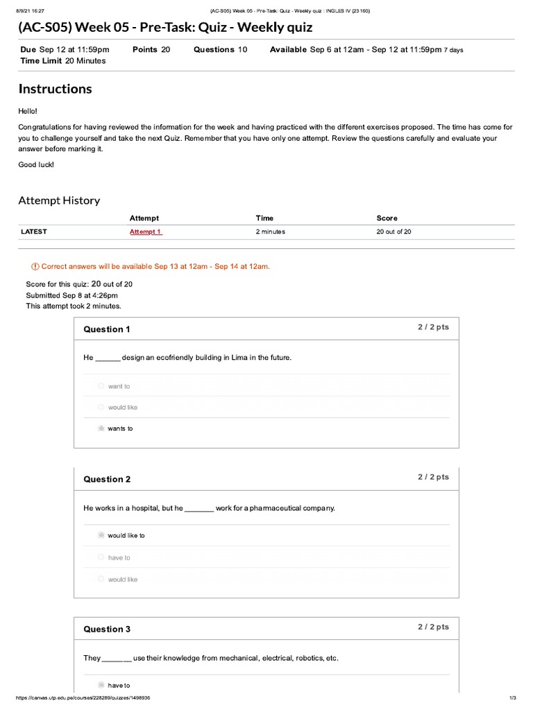(AC-S05) Week 05 - Pre-Task - Quiz - Weekly Quiz - INGLES IV | PDF