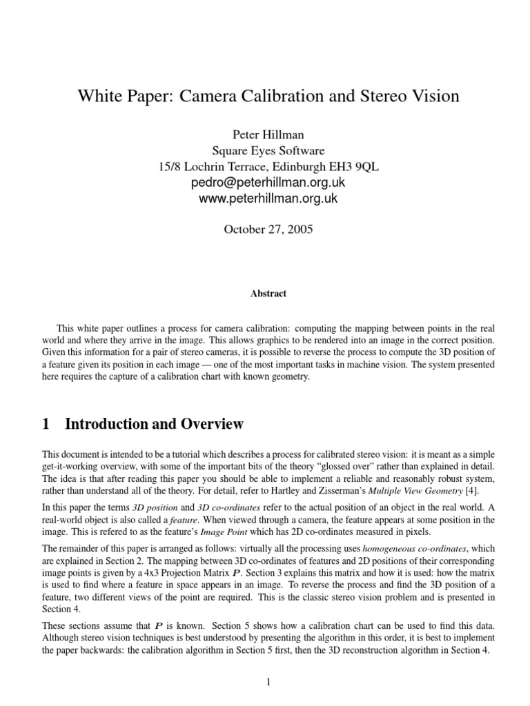 White Paper - Camera Calibration and Stereo Vision | PDF