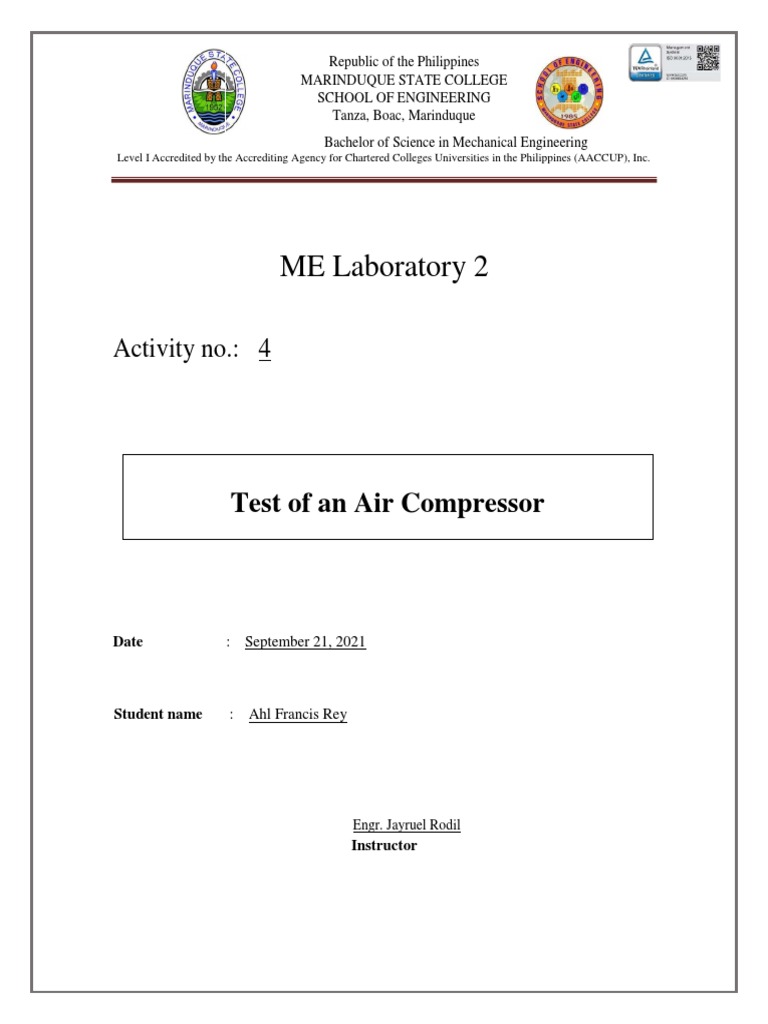 ME Laboratory 2: Test of An Air Compressor | PDF | Piston | Pump