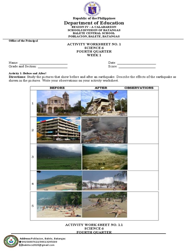 Activity Worksheet No. 1 Science 6 Fourth Quarter | PDF | Geological ...