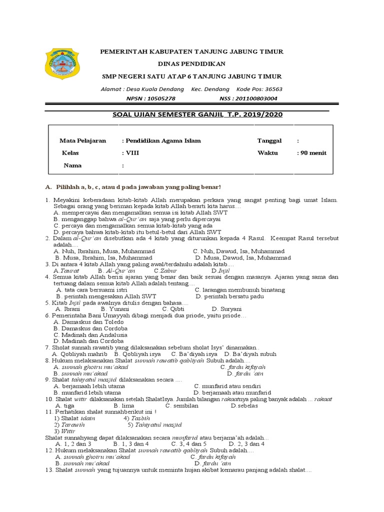 Soal Pai KLS 8 Semester 1 | PDF | Agama & Spiritualitas