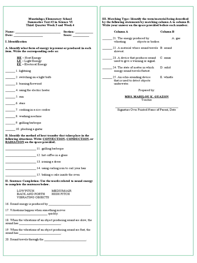 3rd Quarter Summative Test No.2 Science | PDF | Sound | Grilling