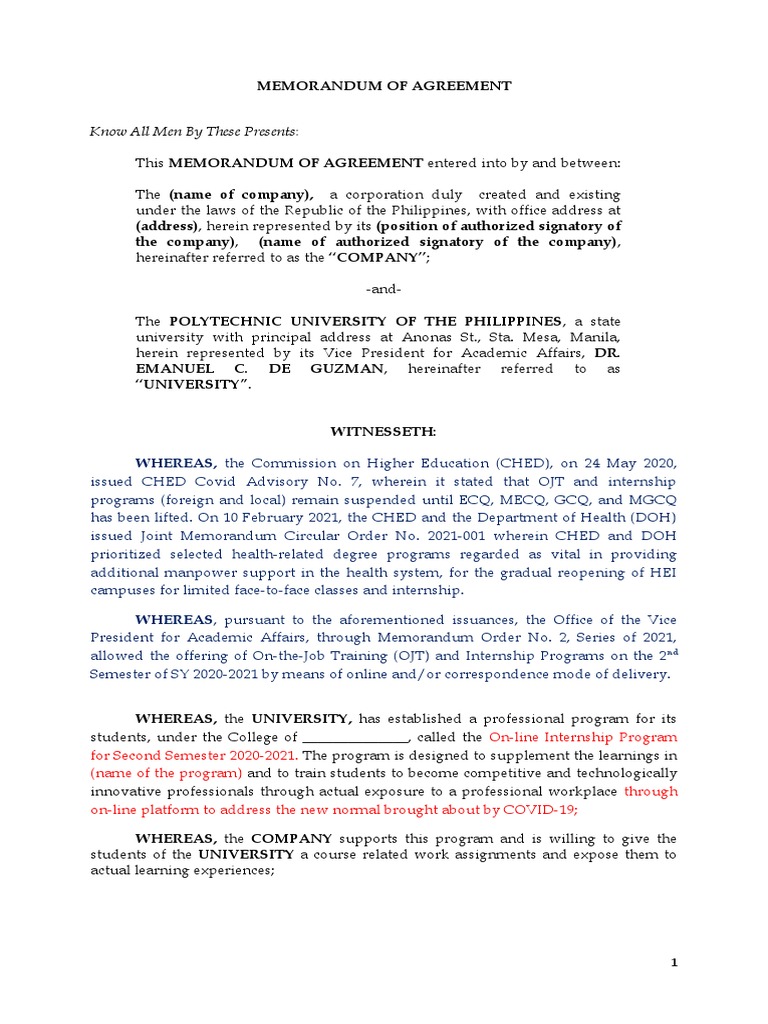 PUP Internship MOA 20210818 | PDF | Internship | Job Hunting