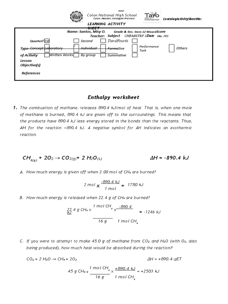 Enthalpy Worksheet: CH + 2O + 2 H O H - 890.4 KJ | PDF | Methane ...