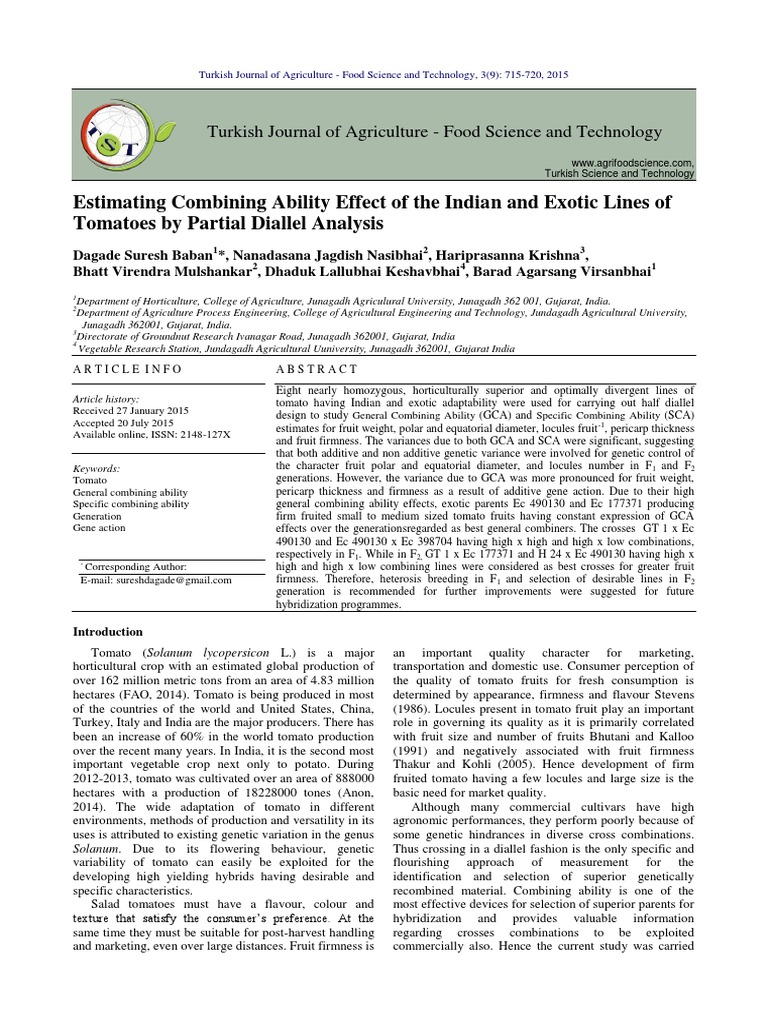 Estimating Combining Ability Effect of The Indian and Exotic Lines of Tomatoes by Partial ...