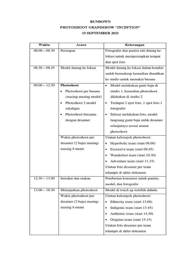 Rundown Photoshoot Grandshow 15 Sept 2021 | PDF