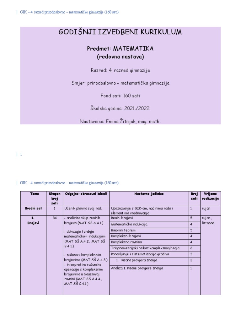 GIK 4. Razred Prirodoslovno-Matematička Gimanzija 2021 - 2022 | PDF