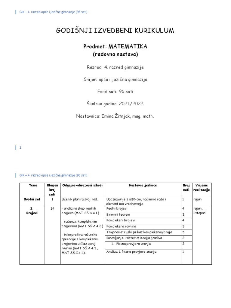 GIK 4. Razred Opća I Jezična Gimnazija 2021 - 2022 | PDF