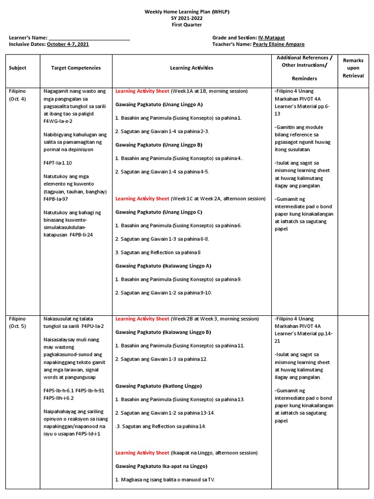 WHLP (WEEK 1-4 Filipino and Arts, WEEK 1-2, Homeroom Guidance Module 1) Final | PDF