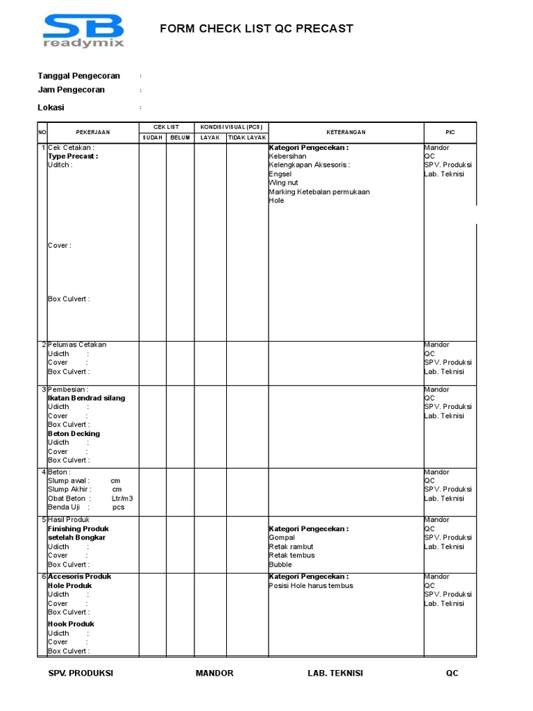 Contoh Form Ceklist QC Precast SB | PDF