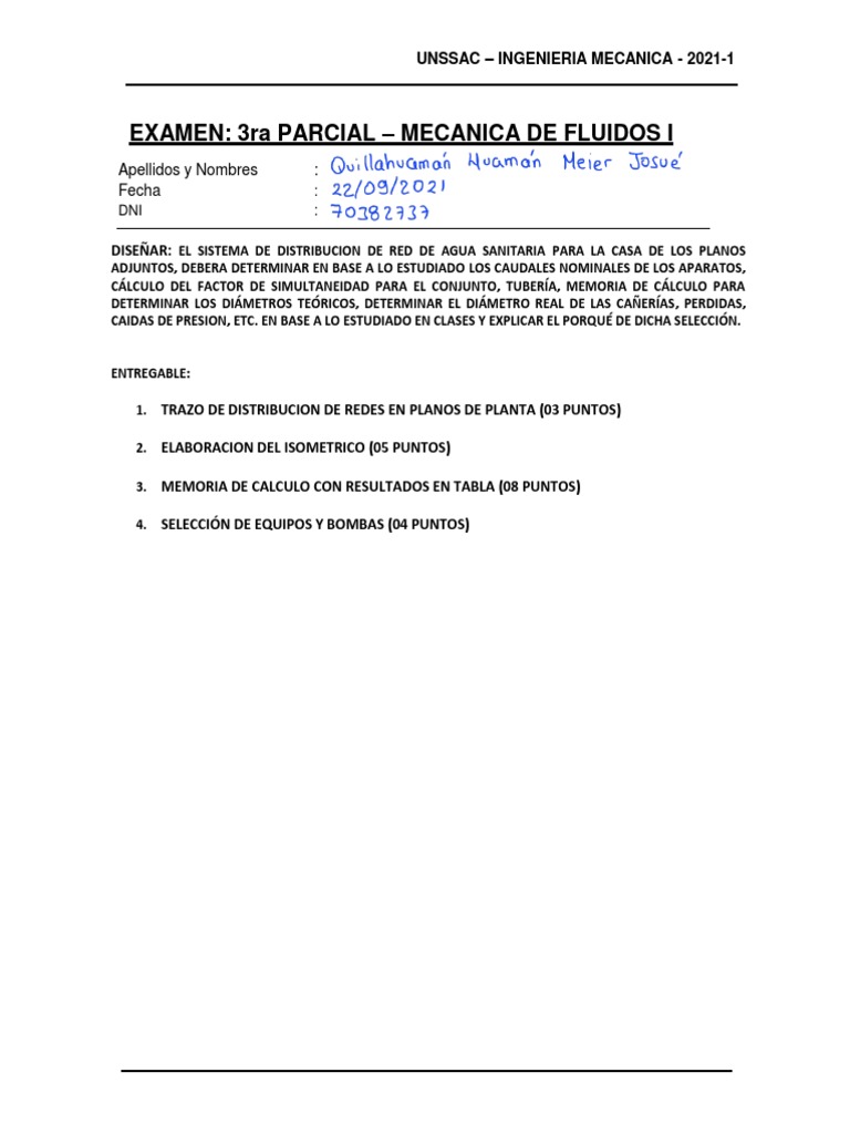 Examen Parcial MECANICA DE Fluidos I | PDF | Bomba | Mecánica de fluidos