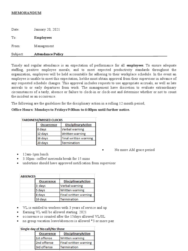 Attendance Policy Memorandum | PDF | Career & Growth