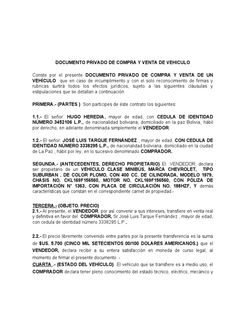 Documento Privado de Compra y Venta de Vehiculo | PDF