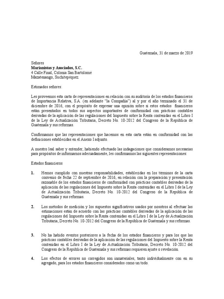 Carta de Representación Modelo 1 | PDF | Contabilidad | Estado financiero