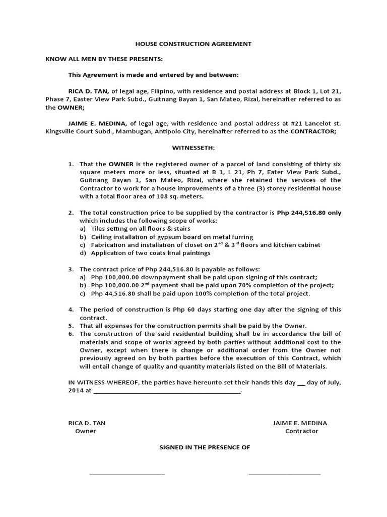 House Construction Agreement Pdf Common Law