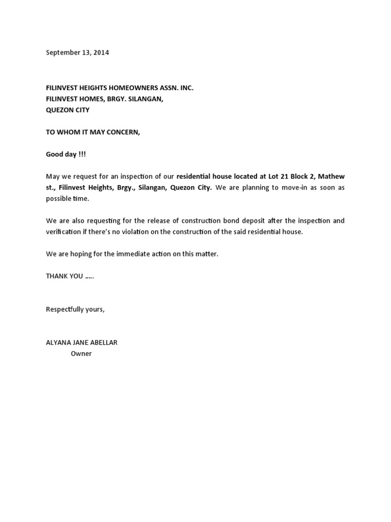 Inspection Request Letter FHHAI | PDF