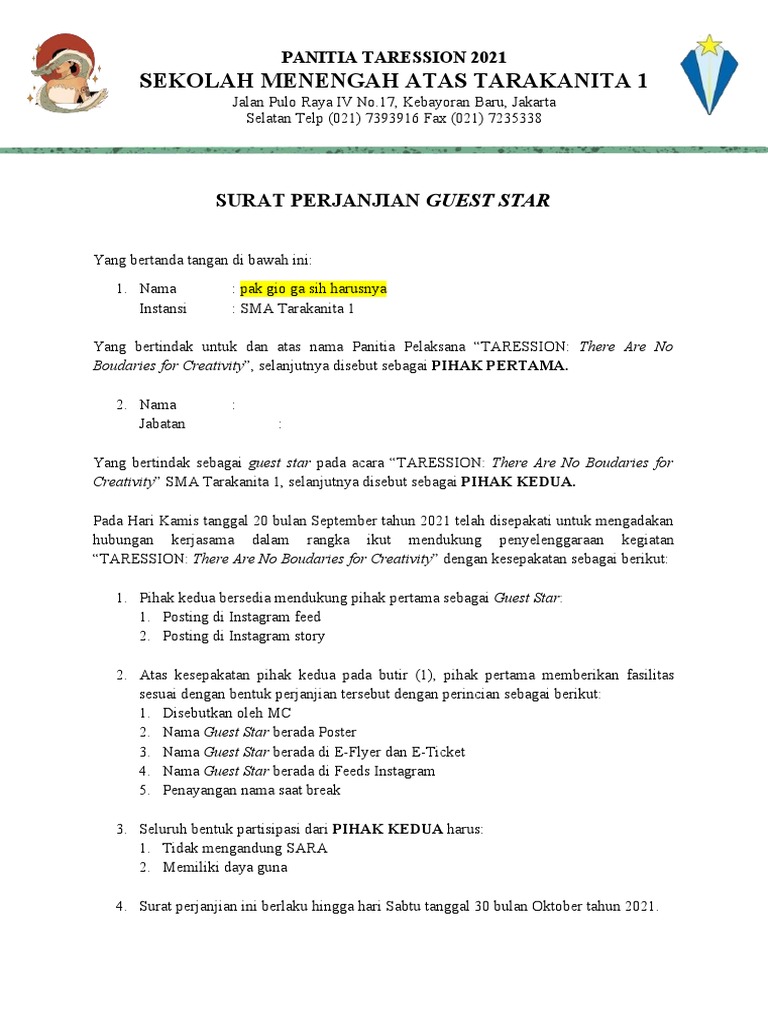 Surat Perjanjian Guest Star TARESSION | PDF | Ilmu Sosial