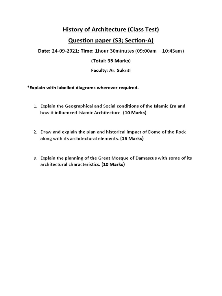 History of Architecture (Class Test) Question Paper (S3 Section-A) | PDF