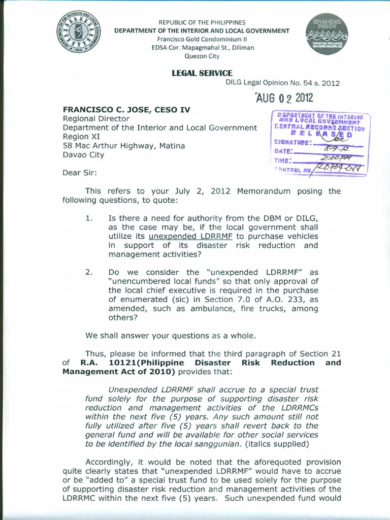 DILG OPINION NO 54 S 2012 Utilization of Unexpended LDRRMF To Purchase ...