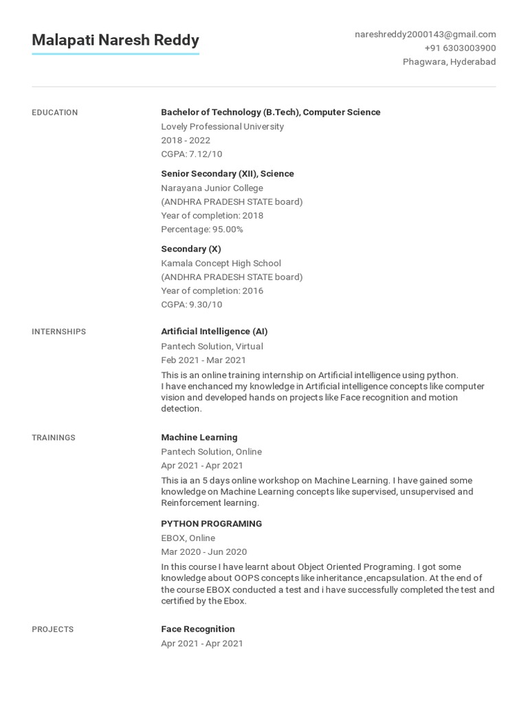 MalapatiNaresh Reddy - InternshalaResume | PDF | Machine Learning | Cognition