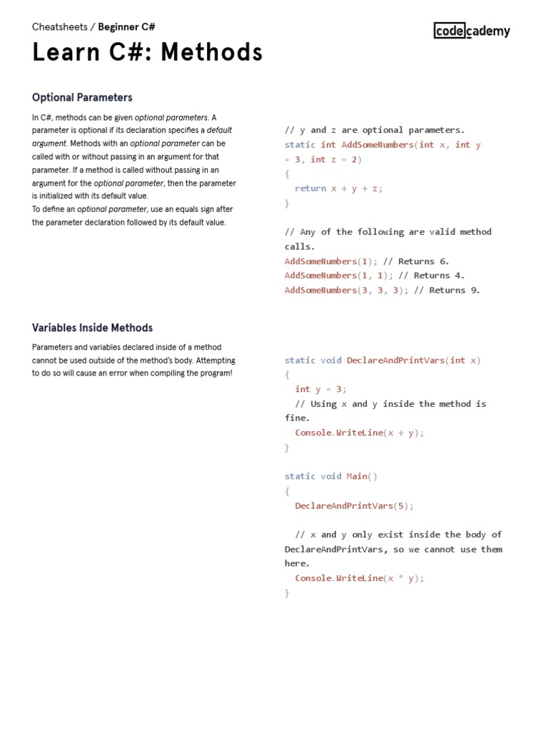 Beginner C# - Learn C# - Methods Cheatsheet - Codecademy | PDF | Parameter (Computer Programming ...