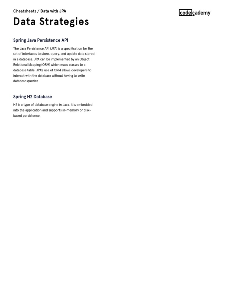 Data With JPA - Data Strategies Cheatsheet - Codecademy | PDF | Computers