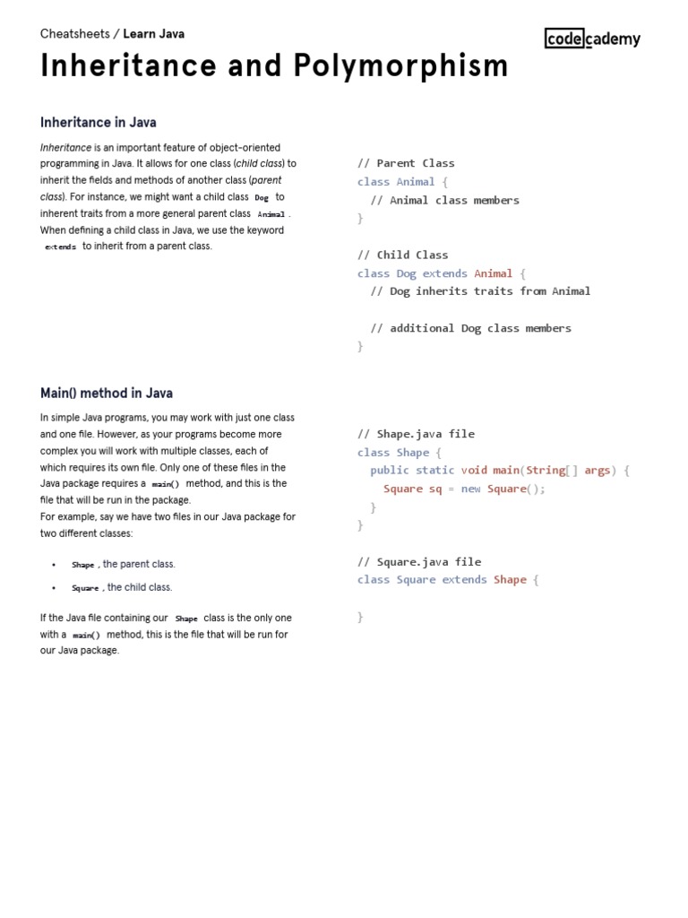 Learn Java - Inheritance and Polymorphism Cheatsheet - Codecademy | PDF | Inheritance (Object ...