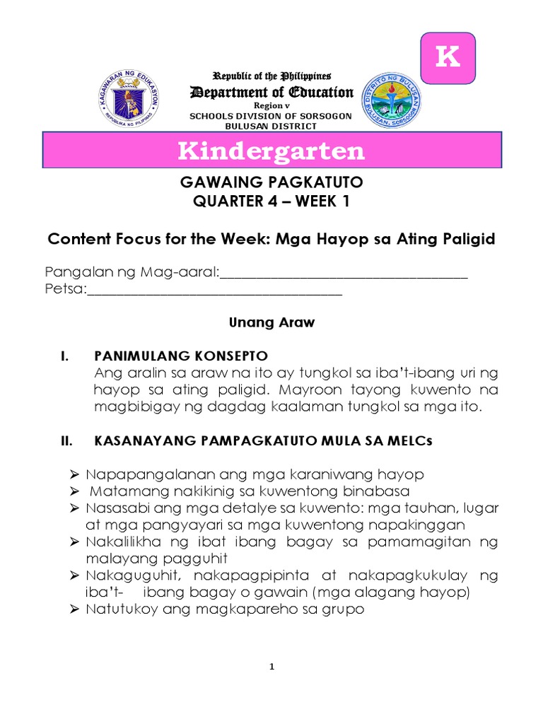 Kinder LAS QUARTER 4 Week 1 FINAL | PDF