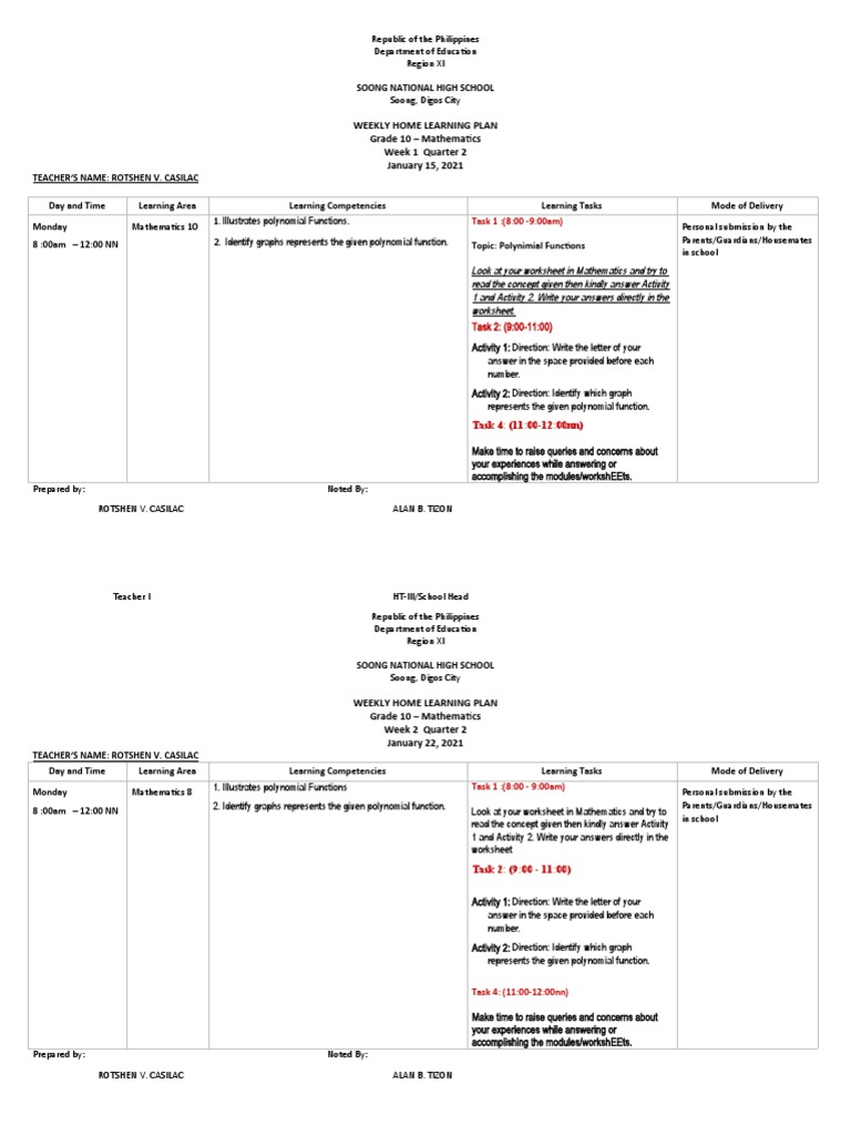 Weekly Home Learning Plan Grade 10 - Mathematics Week 1 Quarter 2 ...