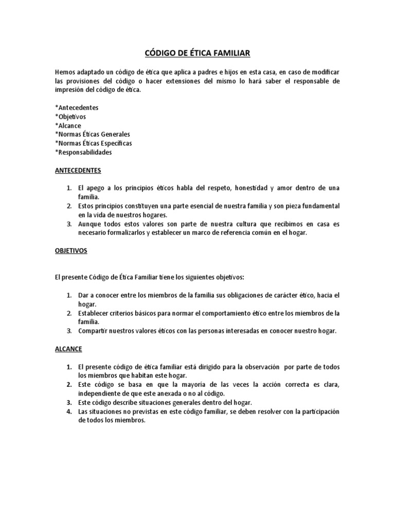 CÓDIGO DE ÉTICA FAMILIAR | PDF | Familia | Comportamiento