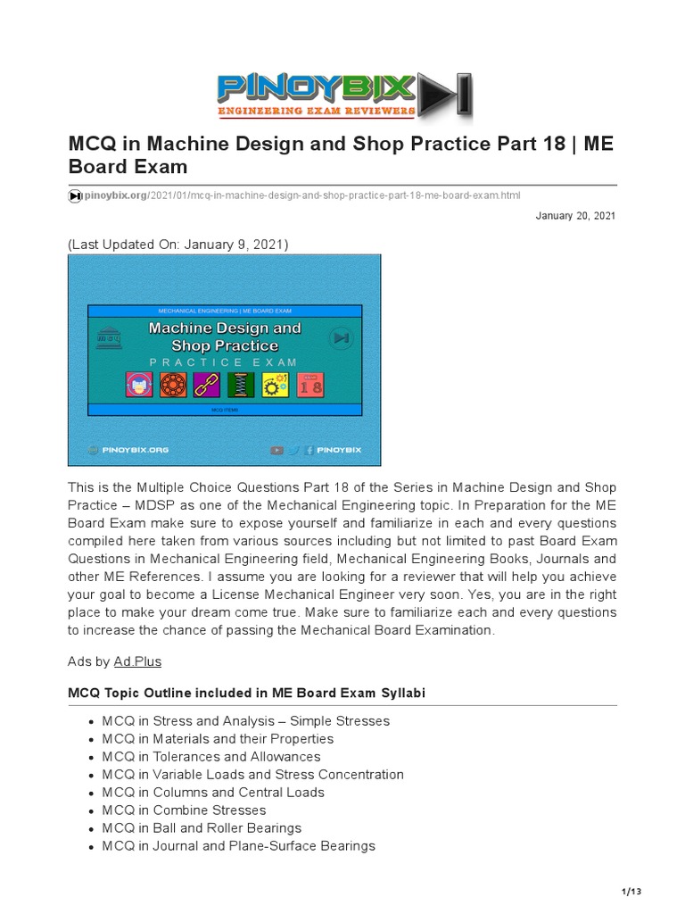 MCQ in Machine Design and Shop Practice Part 18 ME Board Exam | PDF ...