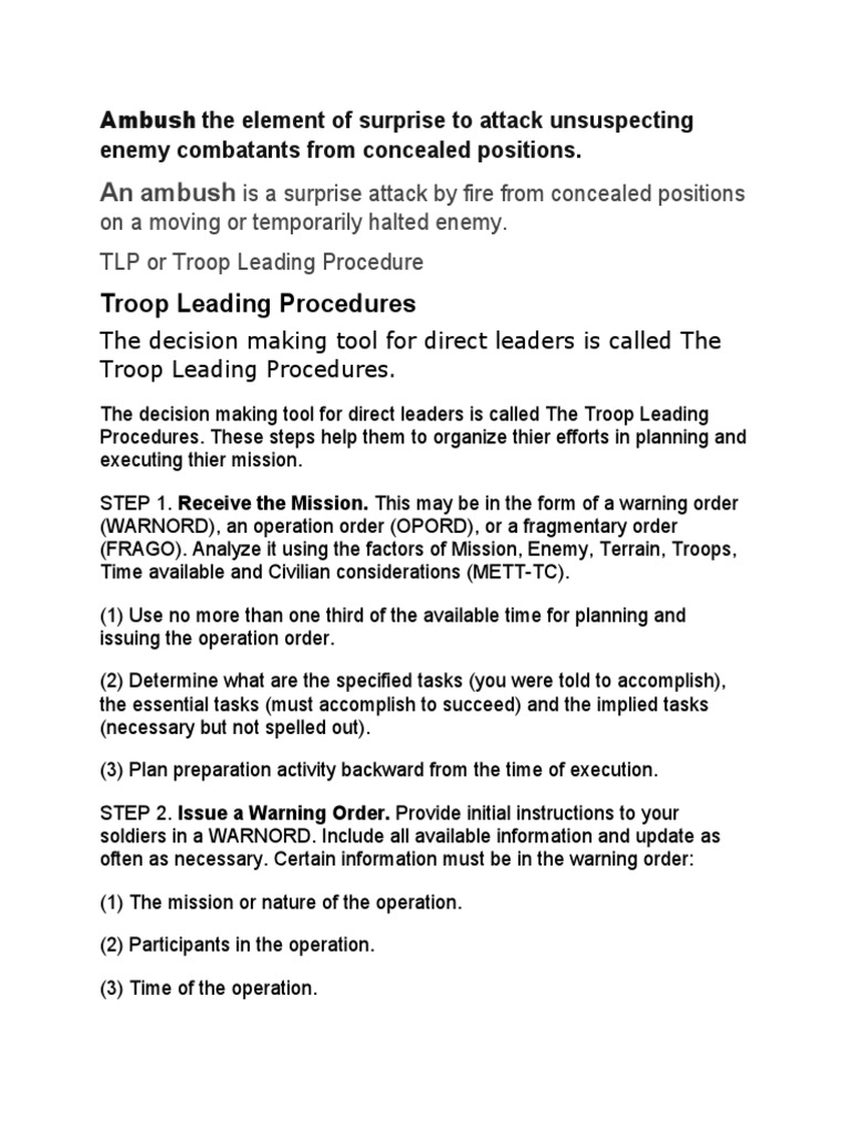 An Ambush: Troop Leading Procedures | PDF | Reconnaissance | Military