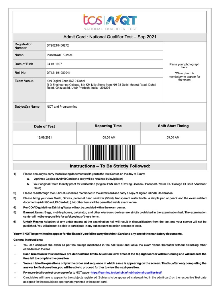 Admit Card: National Qualifier Test - Sep 2021: Registration Number ...