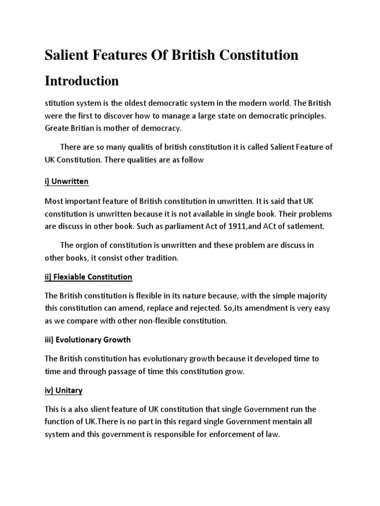 Salient Features of British Constitution: I) Unwritten | PDF ...