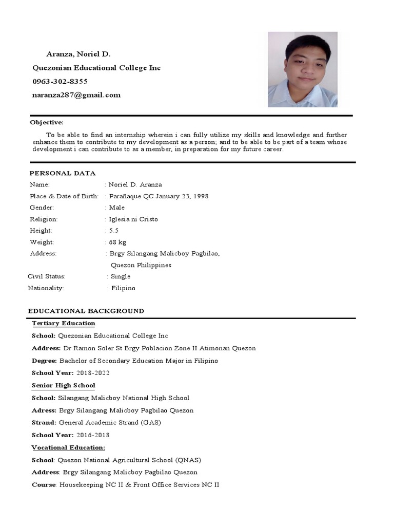 Resume Noriel Aranza Bsed Filipino Iii-A | PDF | Philippines