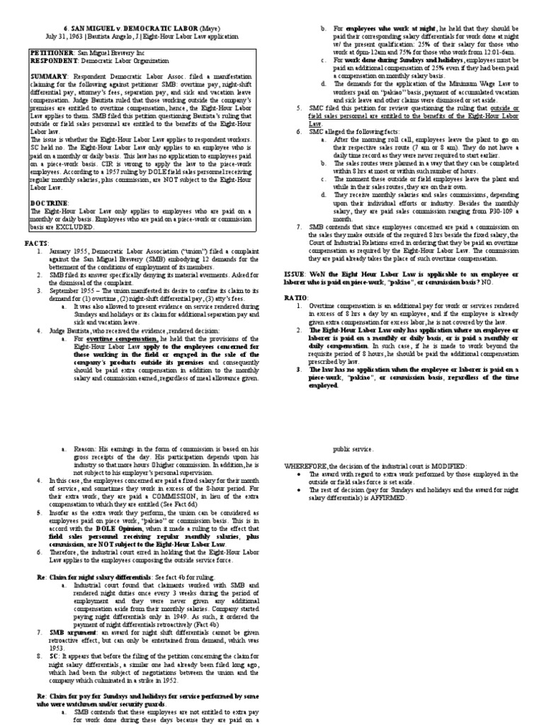 Eight-Hour Labor Law Applicability Case | PDF | Overtime | Employment