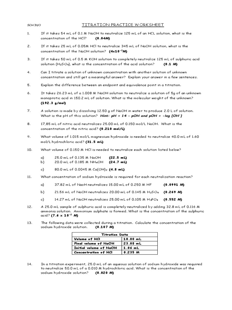 Titration Practice Worksheet: SCH 3uo | PDF | Sodium Hydroxide ...