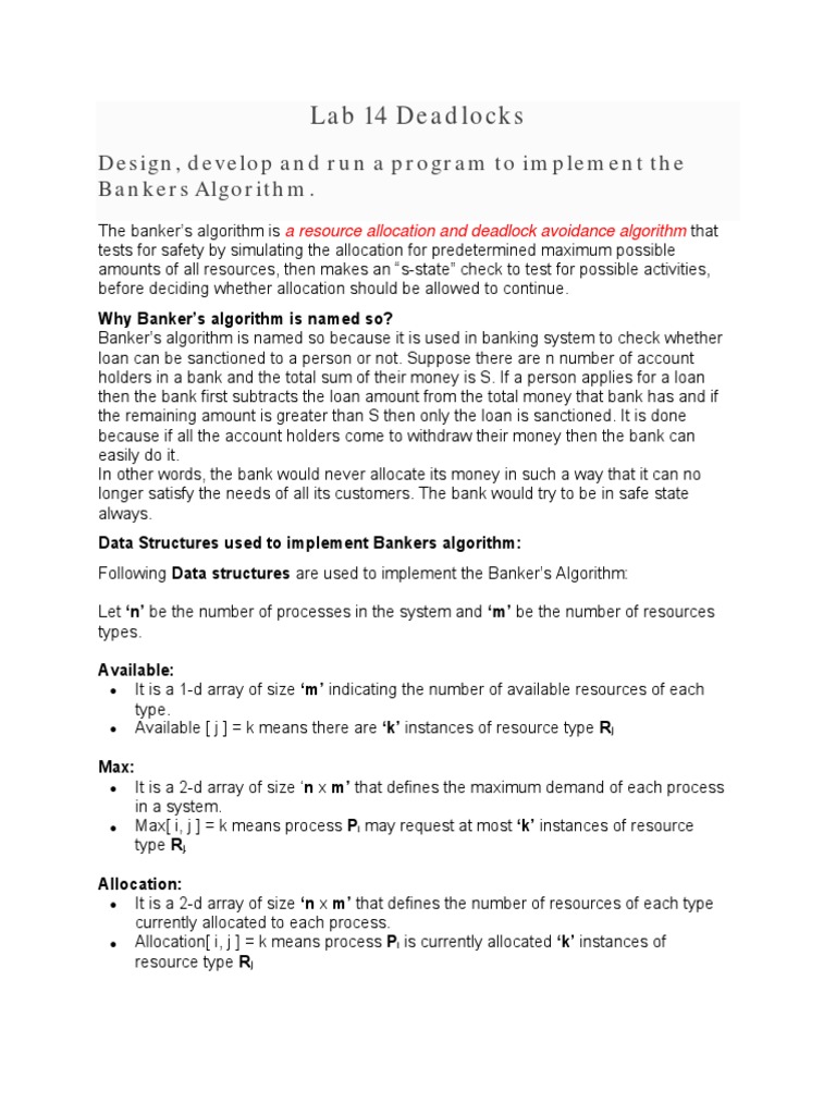 Lab 14 - Bankers Algorithm | PDF | Software Engineering | Algorithms And Data Structures