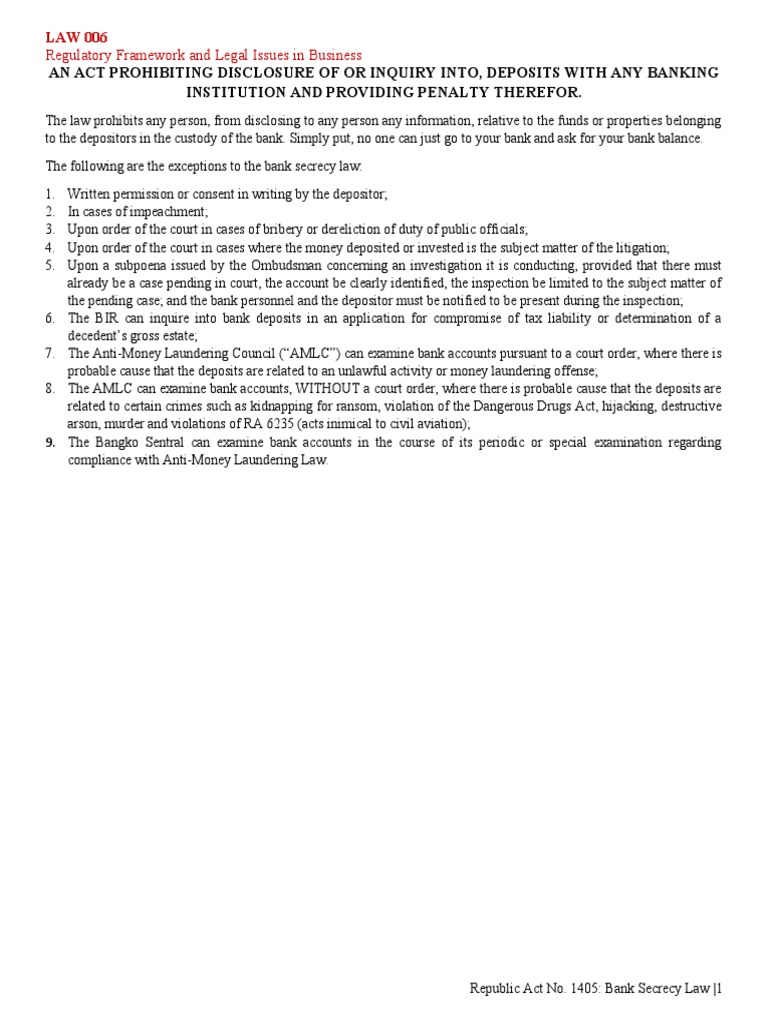 RA No. 8293 - Bank Secrecy Law (Trans) | PDF | Law