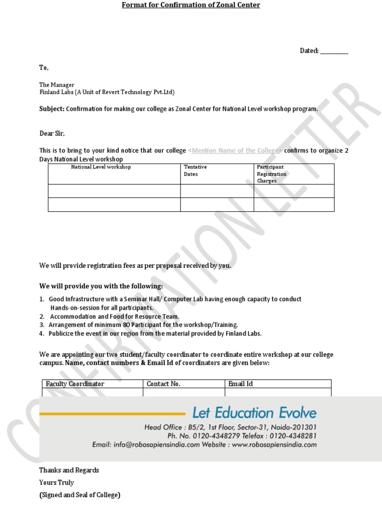 Format of Confirmation Letter For Workshop (New) | PDF
