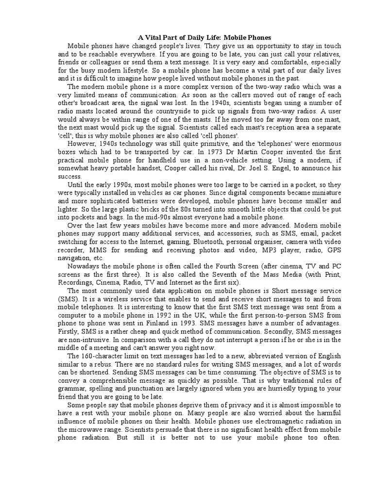 A Vital Part of Daily Life | PDF | Mobile Phones | Telephone